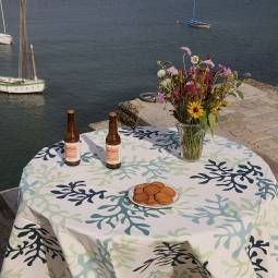 Wipeable tablecloth Coral green round oval Fleur de Soleil